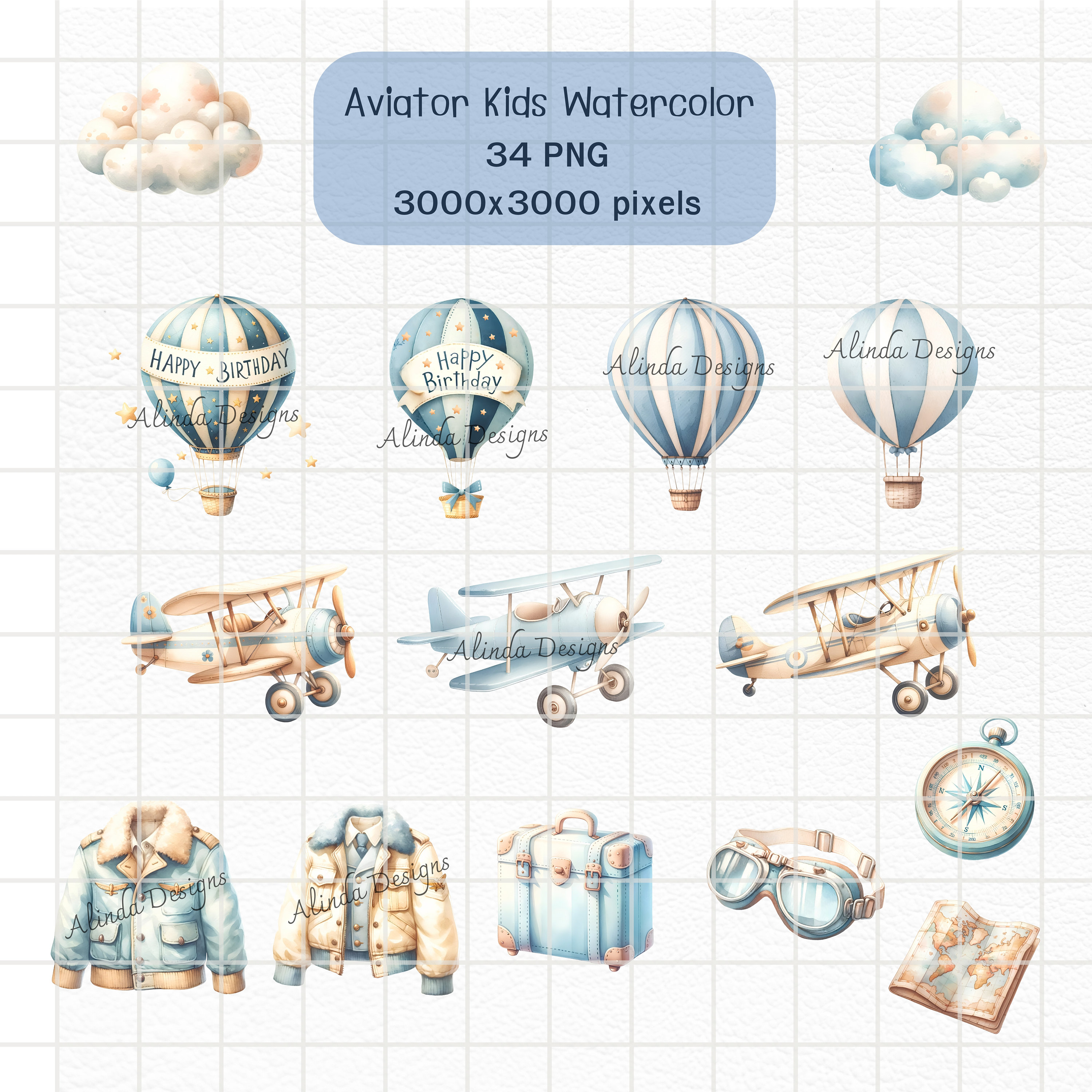 Aviator Kids Watercolor Clipart Set, Vintage Airplane Pilot Clipart ...