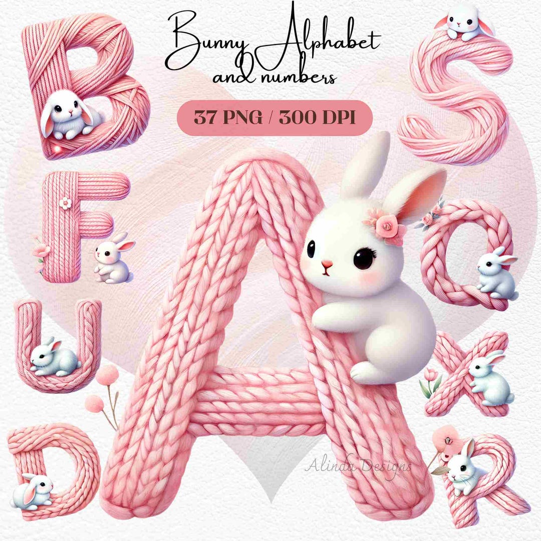 Pastel Bunny Alphabet and Numbers Clipart, Cute Rabbit Letter and ...