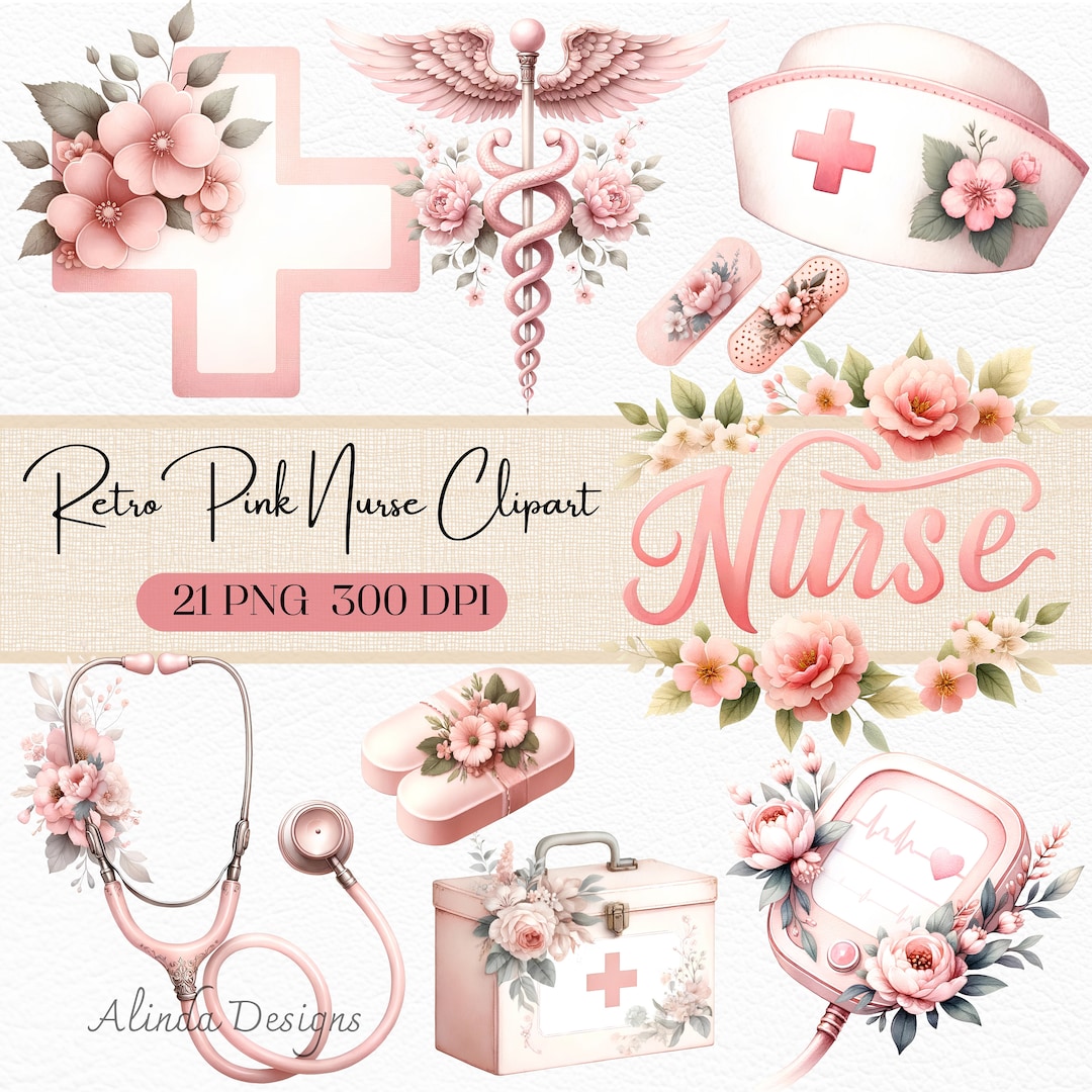 Retro Pink Nurse Clipart: Vintage Medical Graphics (digital Download ...