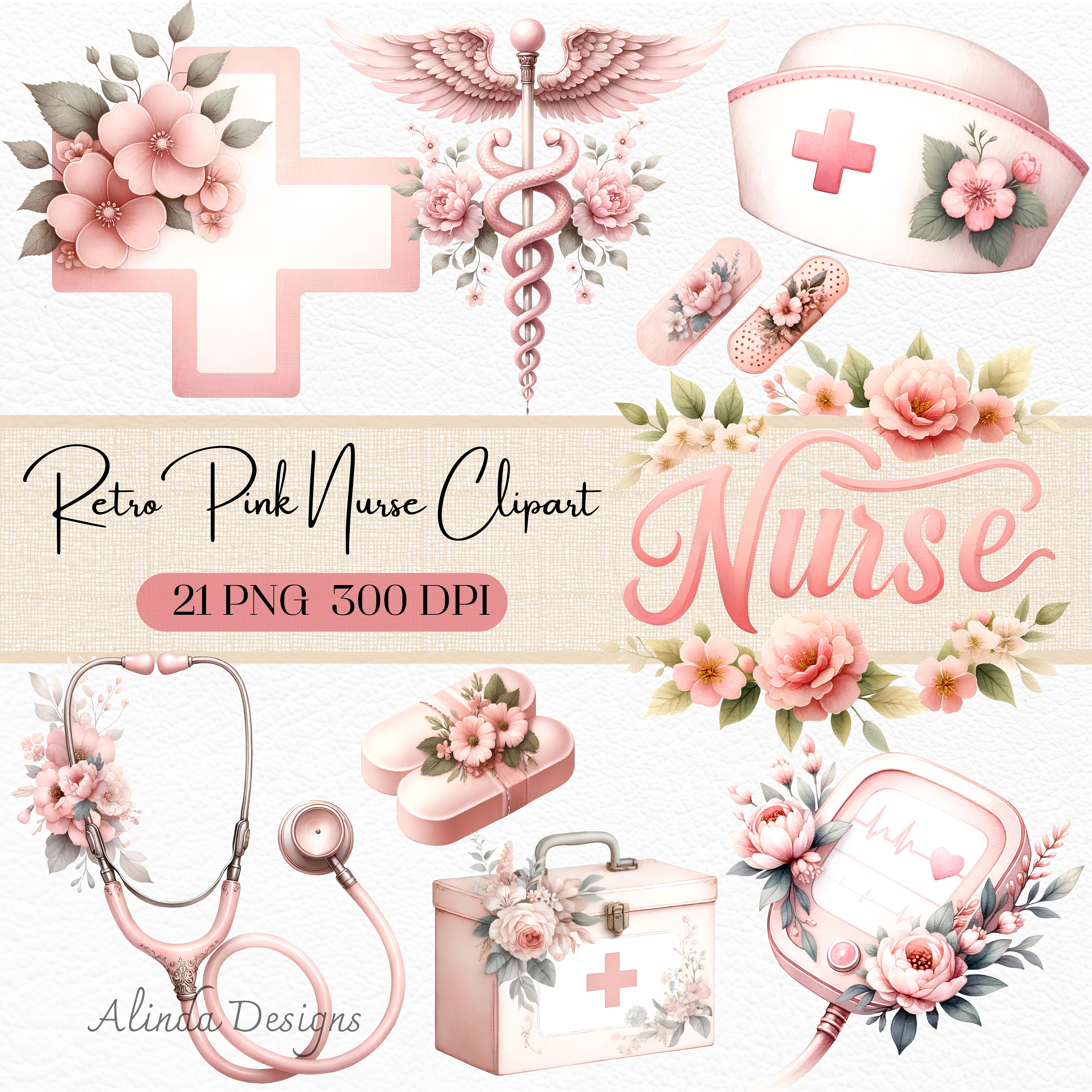Retro Pink Nurse Clipart, Vintage Medical Illustrations, Digital Nurse ...