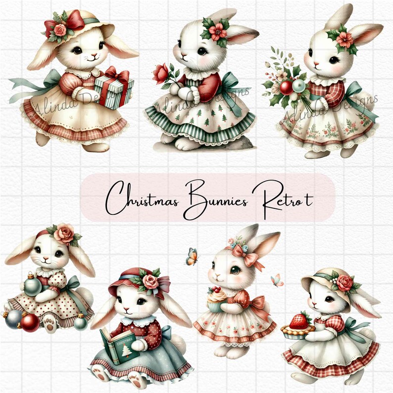 Vintage Christmas Bunnies Clipart: Retro Holiday Illustrations (digital ...
