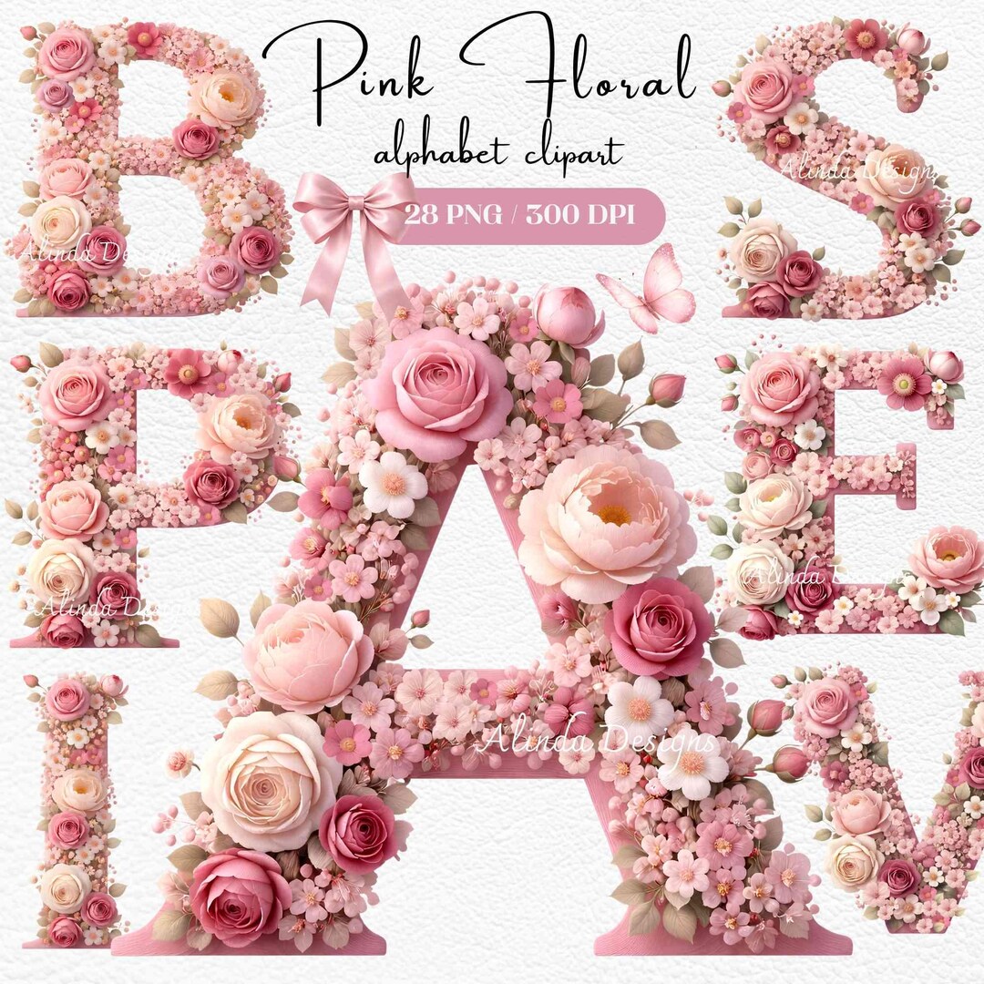 Pink Floral Alphabet Clipart PNG, Romantic Flower Letters, Rose ...
