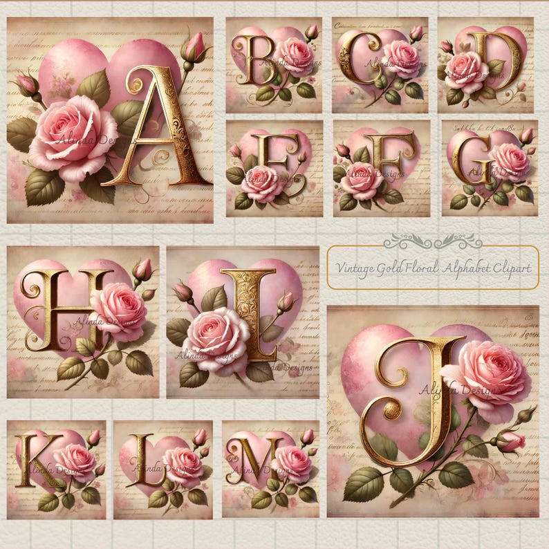 Vintage Gold Floral Alphabet PNG, Rose Monogram (digital Download) - Etsy