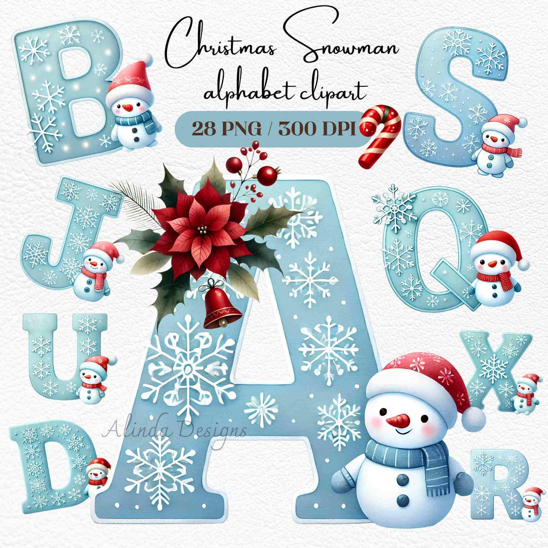 Christmas Snowman Alphabet Clipart: Festive Winter PNG (300 DPI) - Etsy
