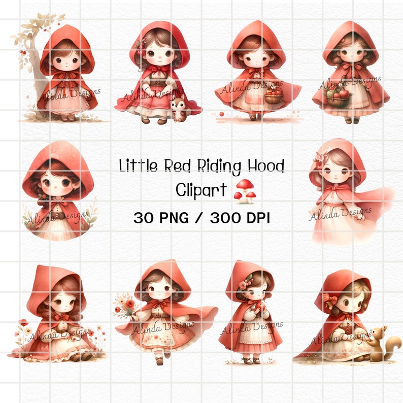 Watercolor Little Red Riding Hood Clipart: Fairy Tale PNG (digital ...