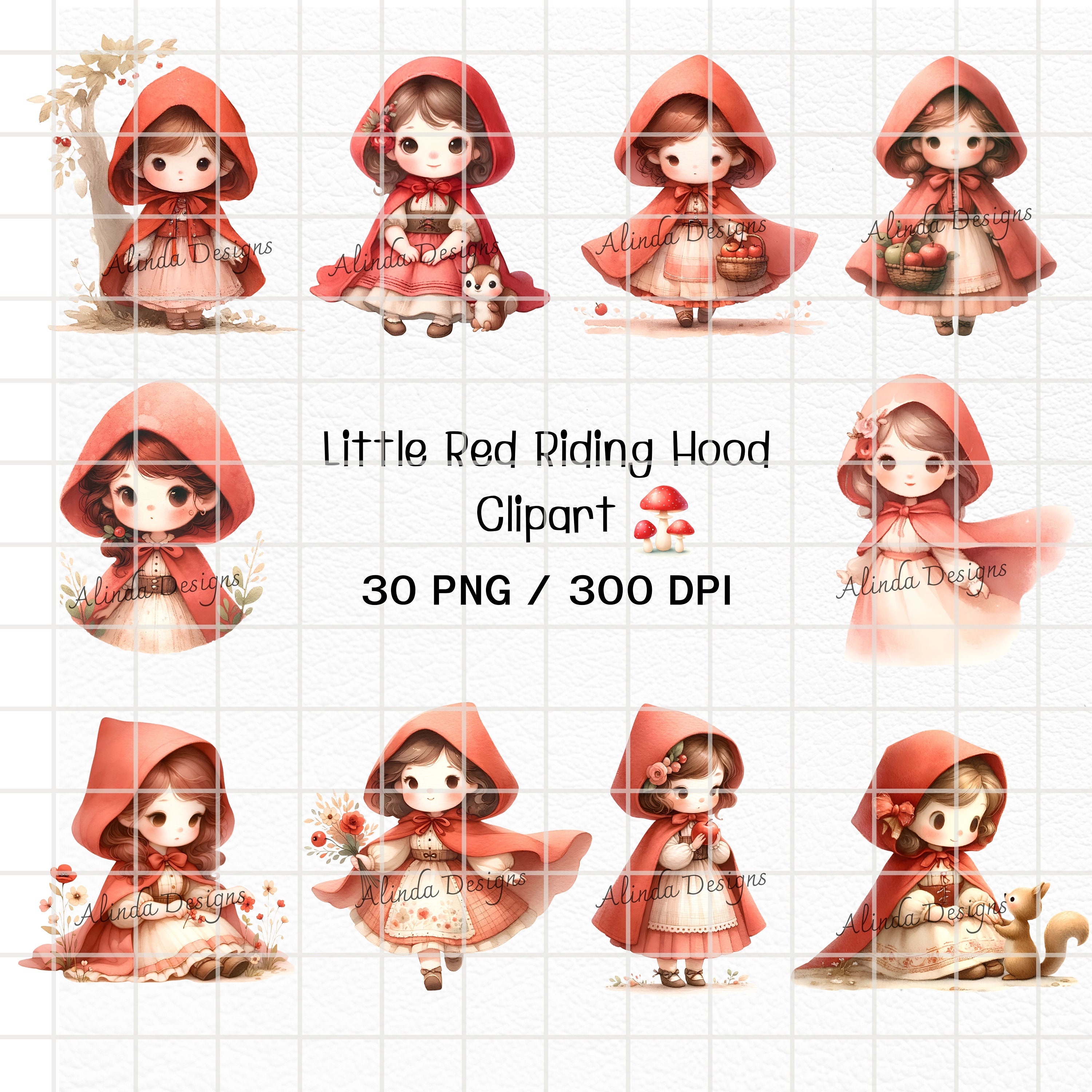 Watercolor Little Red Riding Hood Clipart: Fairy Tale PNG (digital ...