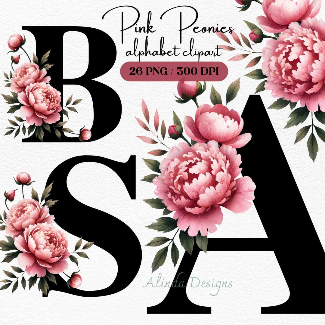 Watercolor Pink Peonies Alphabet Clipart, Romantic Floral Letters ...