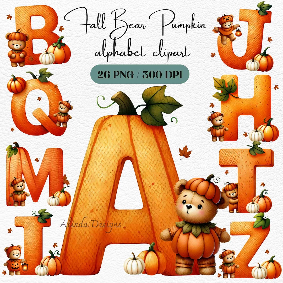 Pumpkin Bear Alphabet Clipart: Fall Halloween Font PNG Digital Download ...