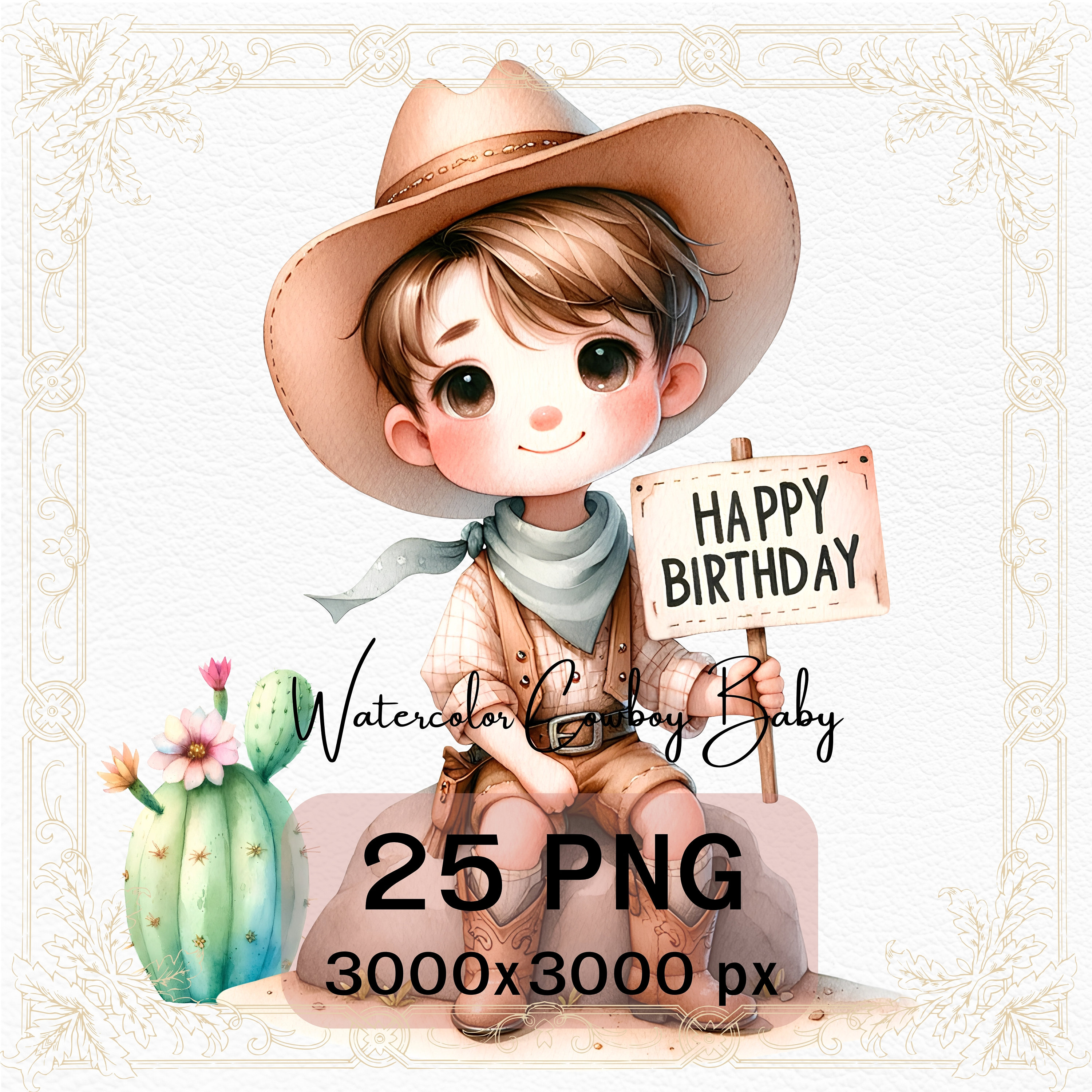 Watercolor Cowboy Baby Clipart, Cute Western Theme Nursery Art, Digital ...