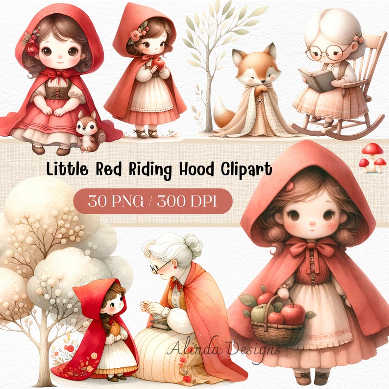 Watercolor Little Red Riding Hood Clipart: Fairy Tale PNG (digital ...