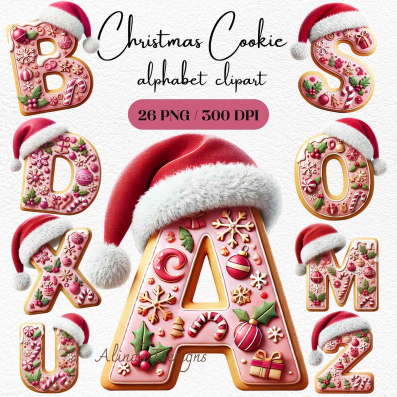 Christmas Cookie Alphabet Clipart: Santa Hat Gingerbread Letters PNG - Etsy