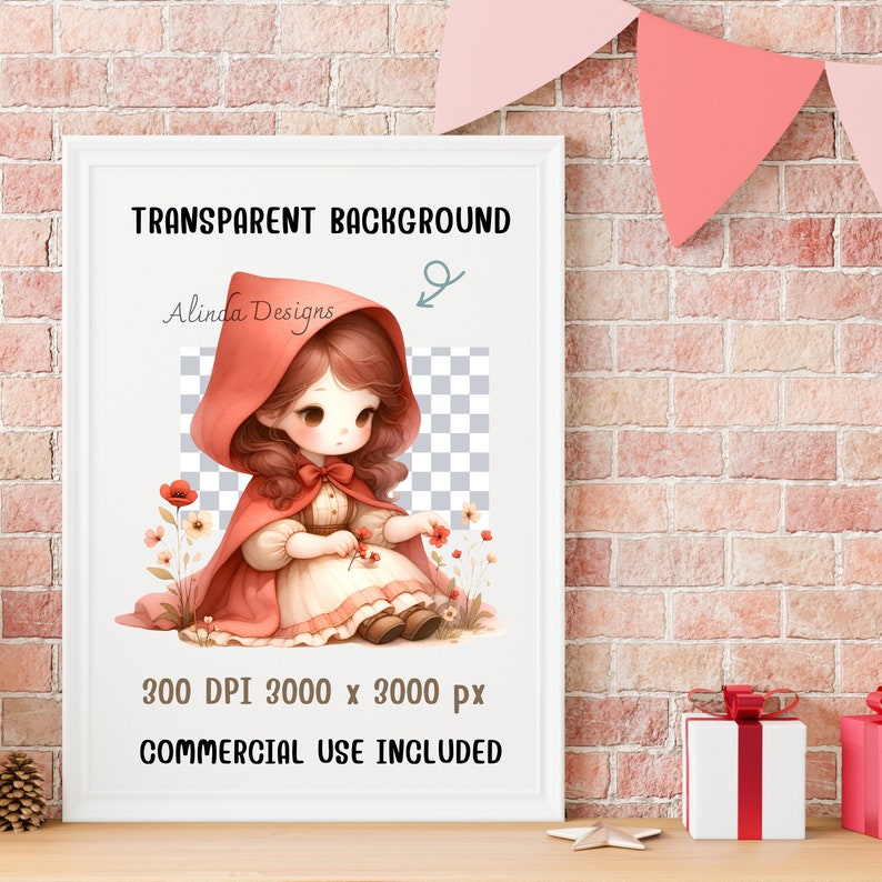 Watercolor Little Red Riding Hood Clipart: Fairy Tale PNG (digital ...