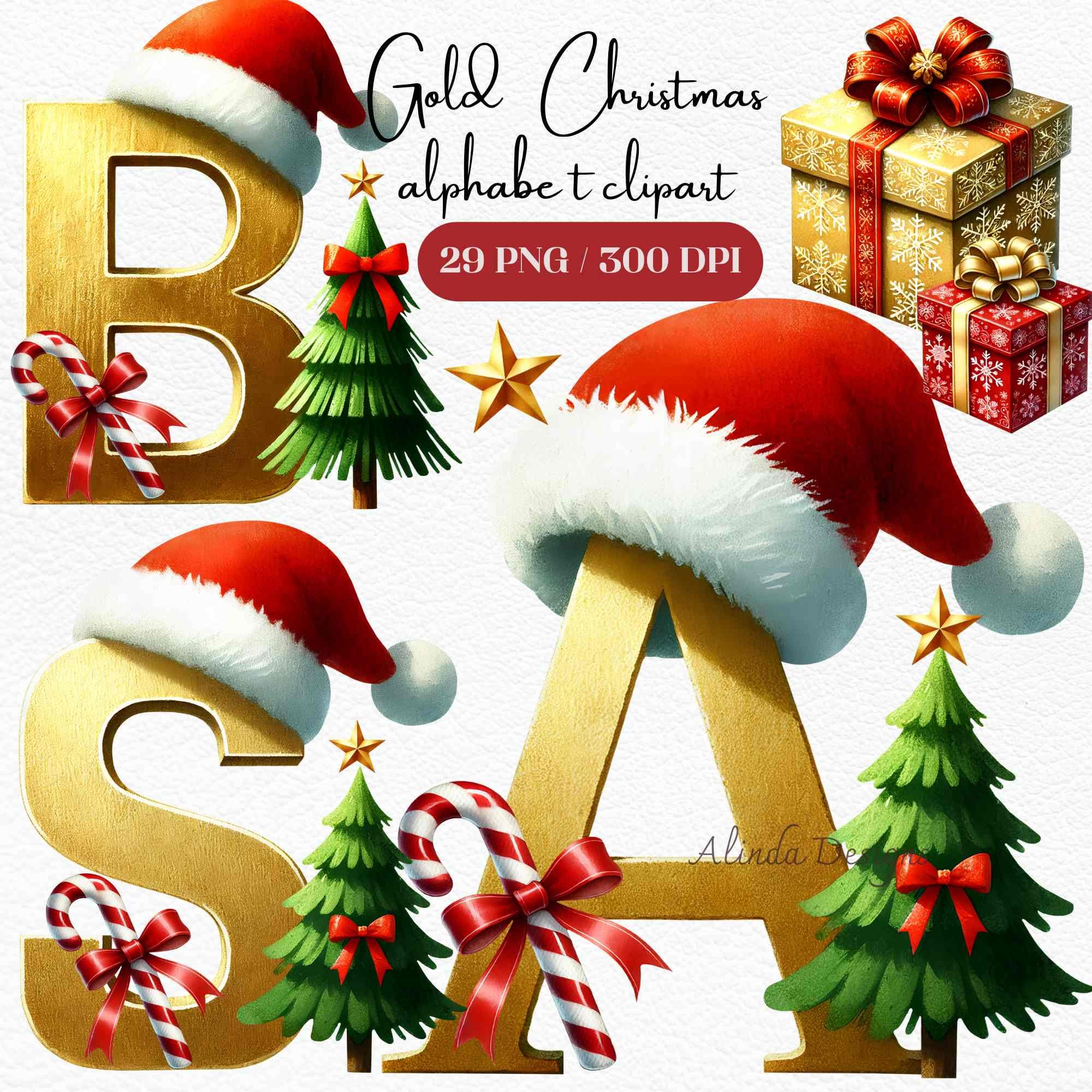 Gold Christmas Alphabet Clipart: Santa Hat PNG Letters Digital Download ...