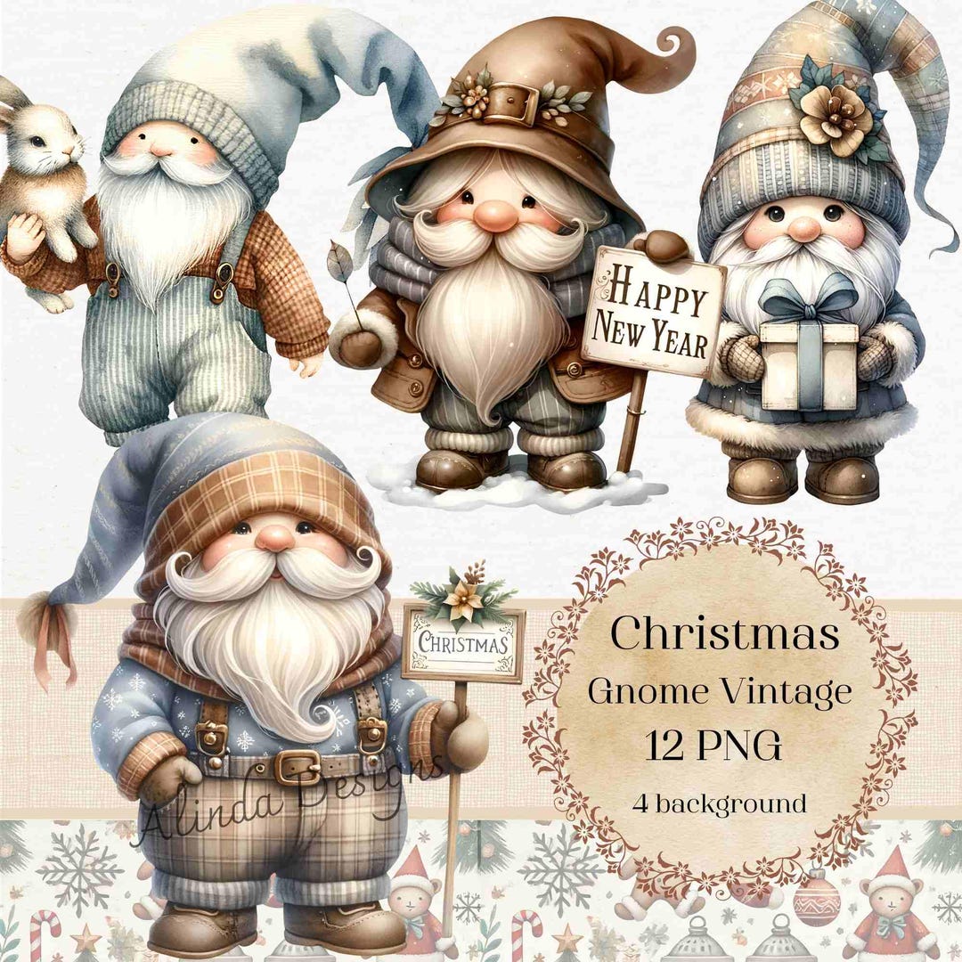 Vintage Christmas Gnome Clipart: Holiday PNG Designs (digital Download ...