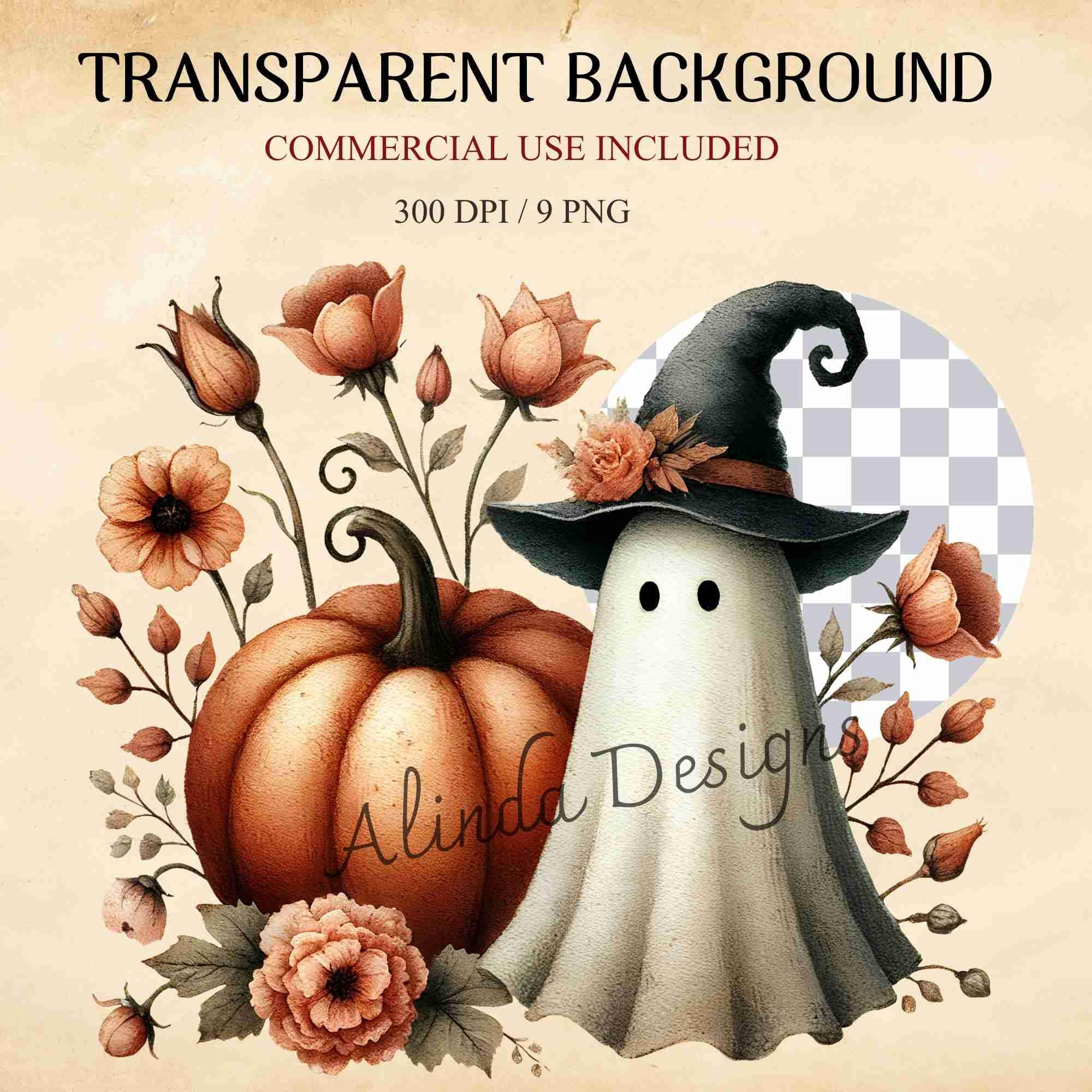Watercolor Cute Ghost Pumpkin Clipart, Vintage Halloween Digital ...