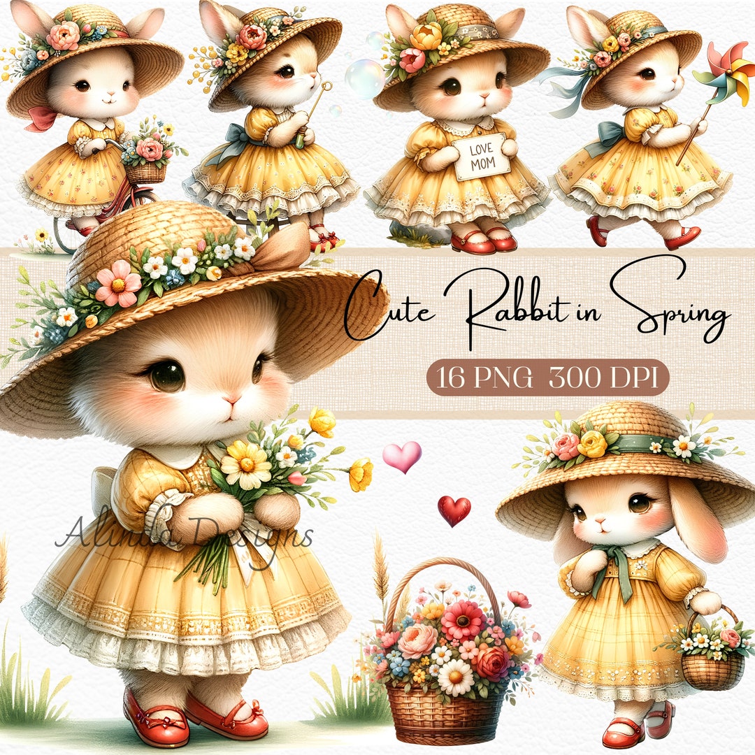 Cute Rabbit Spring Clipart, Easter Bunny Digital Download, Pastel ...