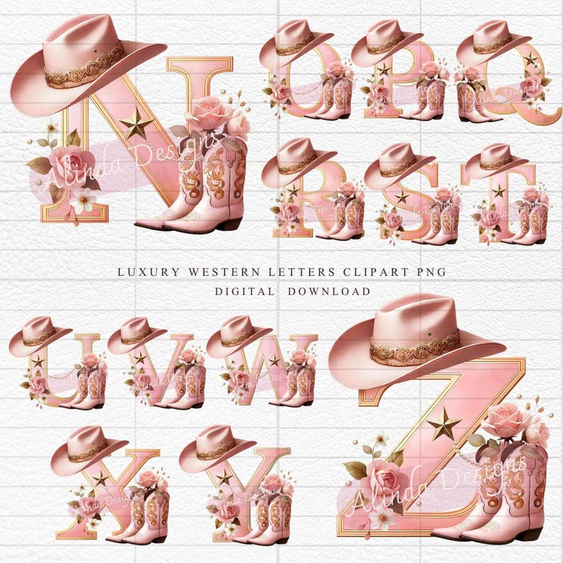 Pink Cowgirl Alphabet PNG Clipart, Luxury Western Letters, Floral ...