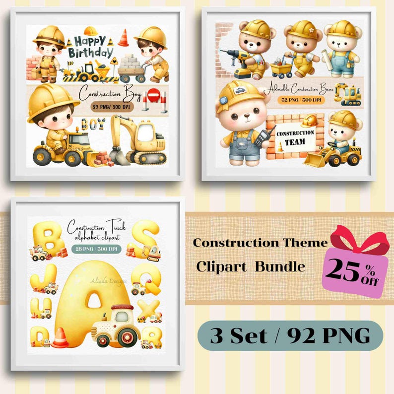 Construction Theme Clipart Bundle 3 Set, Watercolor Construction ...