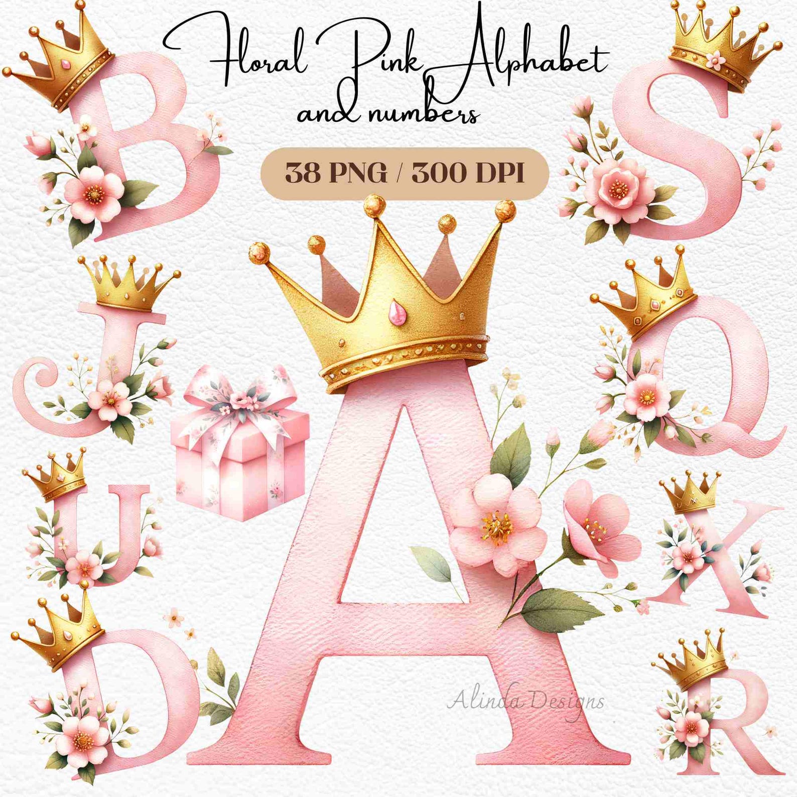 Birthday Floral Pink Alphabet and Numbers Clipart, Feminine Floral ...