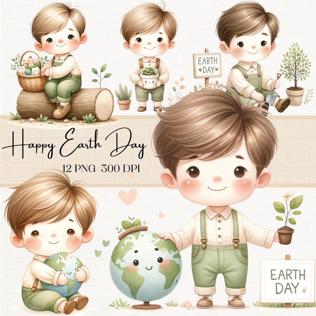 Earth Day Watercolor Clipart, Cute Kids & Planet Earth clipart, Eco ...