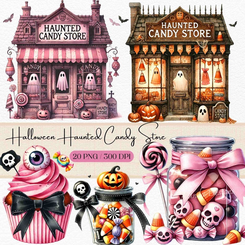 Watercolor Halloween Haunted Candy Store Clipart, Scary Halloweenpng ...