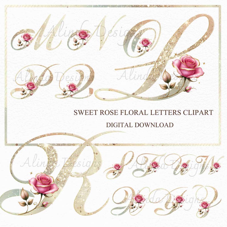 Watercolor Rose Alphabet Clipart: Gold & Pink Floral Letters (PNG) - Etsy