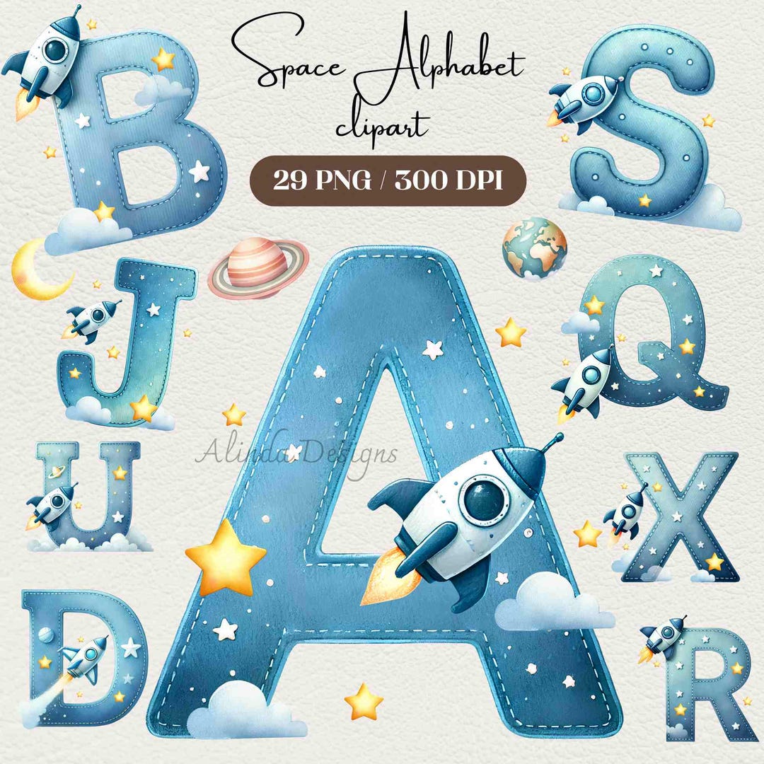 Watercolor Space Alphabet Clipart, Outer Space Letters A-Z, Kids Decor ...