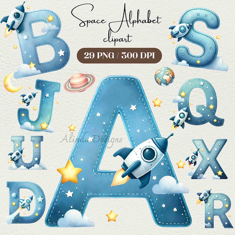 Watercolor Space Alphabet Clipart, Outer Space Letters A-Z, Kids Decor ...