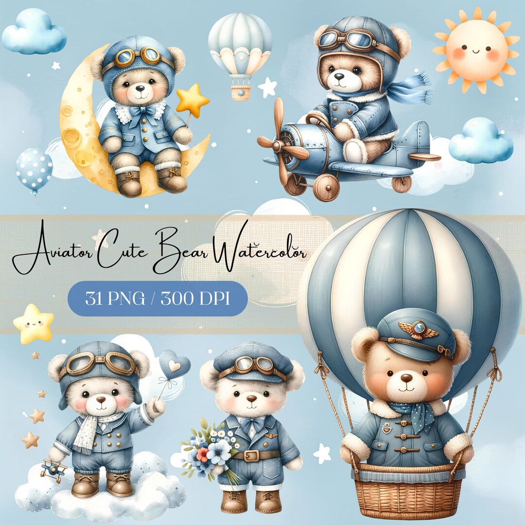 Aviator Bear Clipart, Cute Watercolor Bear Digital Download, Pilot ...