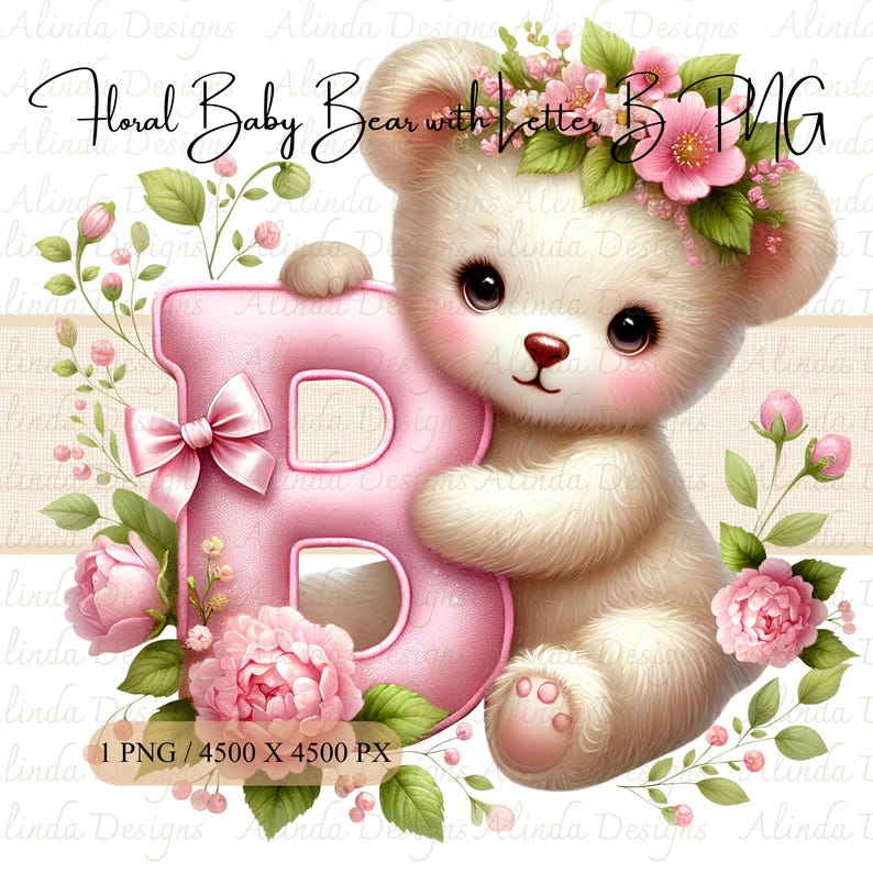 Floral Baby Bear Letter B PNG: Nursery Alphabet Clipart Digital ...