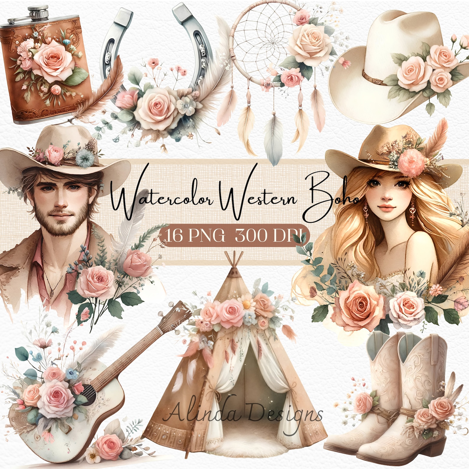 Boho Floral Cowgirl Cowboy Clipart, Watercolor Western Boho, Western ...