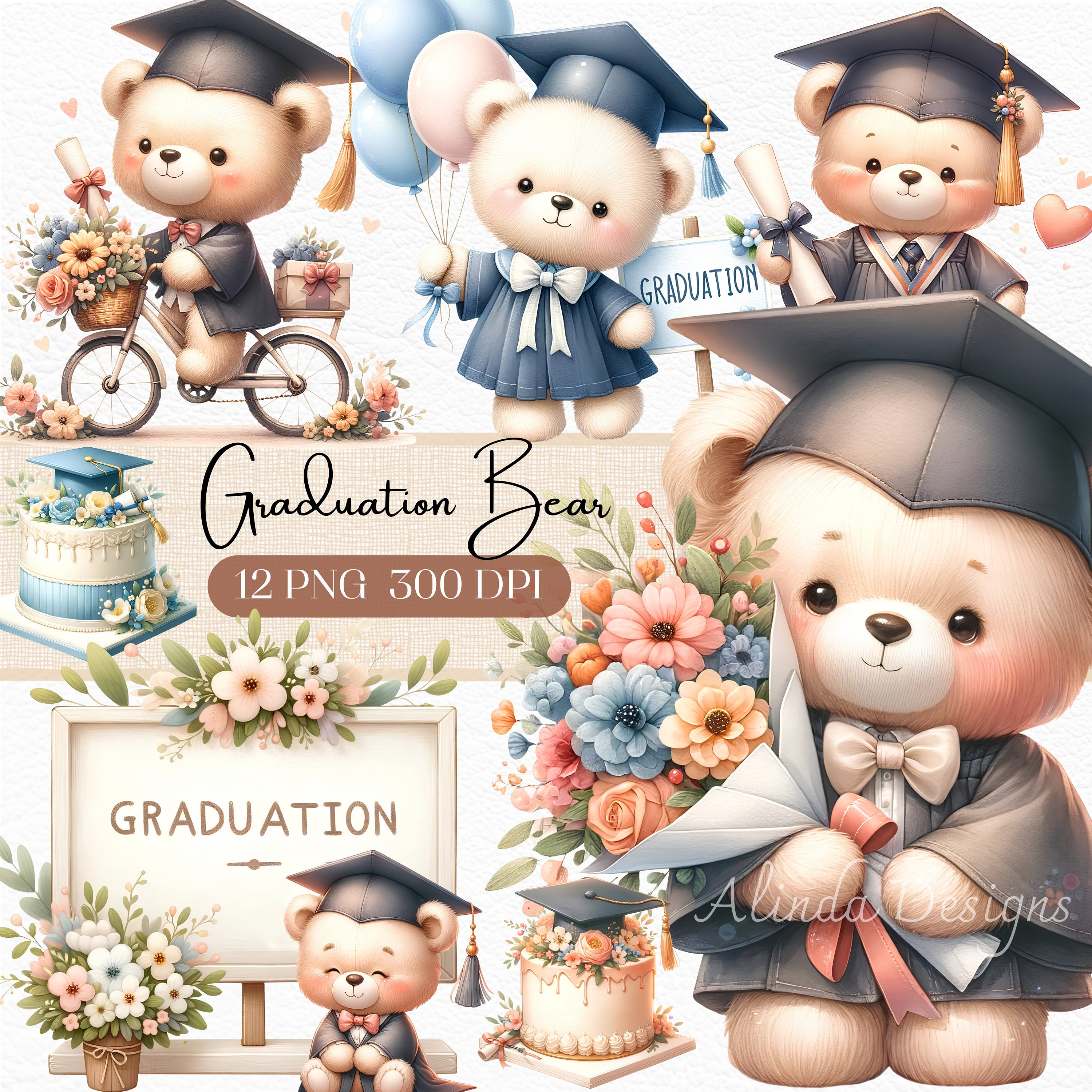Watercolor Graduation Bear Clipart, Cute Graduate Bear PNG, Invitations ...