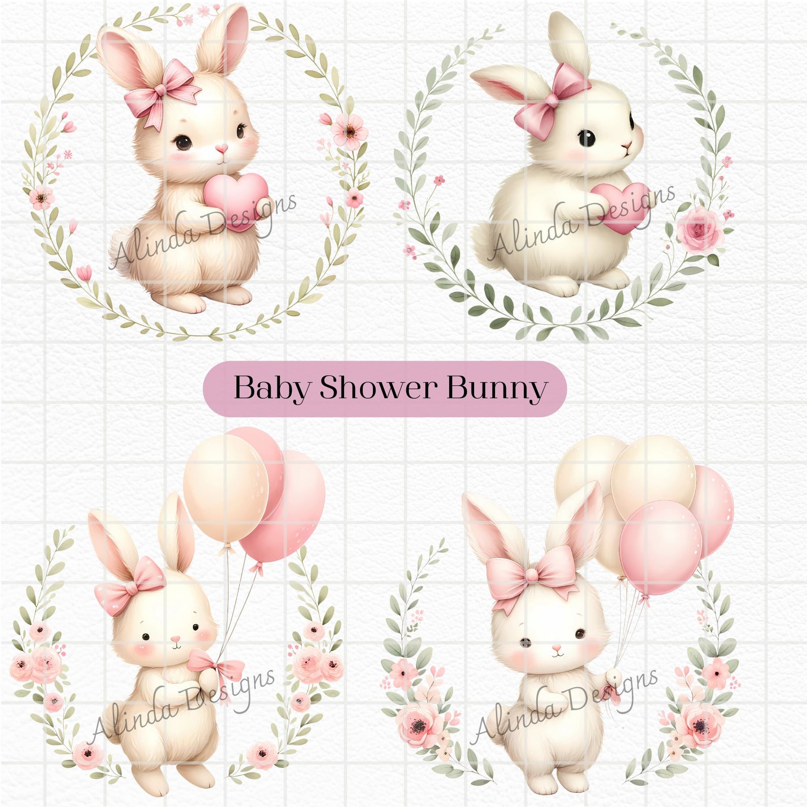 Adorable Rabbit Baby Shower Clipart Set, Cute Baby Animal Graphics for ...