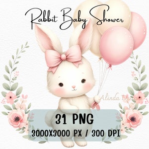 Adorable Rabbit Baby Shower Clipart Set, Cute Baby Animal Graphics for ...