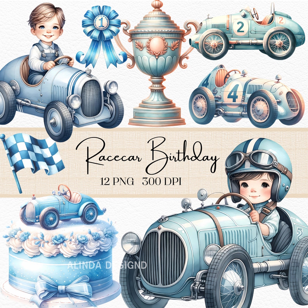 Watercolor Racecar Birthday Clipart Bundle, Blue Race Car Happy ...