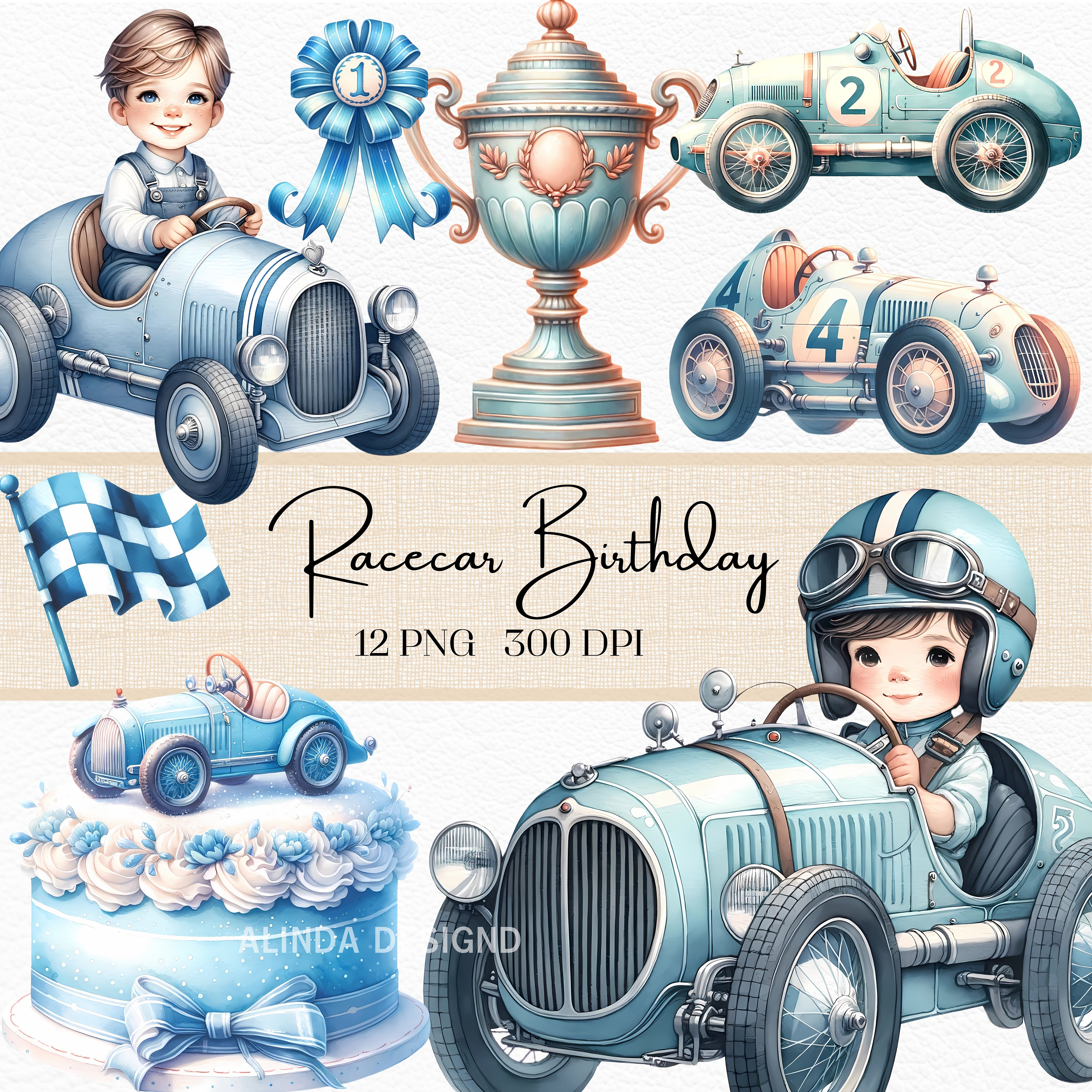 Watercolor Racecar Birthday Clipart Bundle, Blue Race Car Happy ...