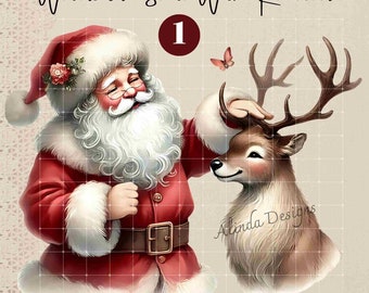 Watercolor Santa and Reindeer Clipart: Christmas Card Art (digital ...