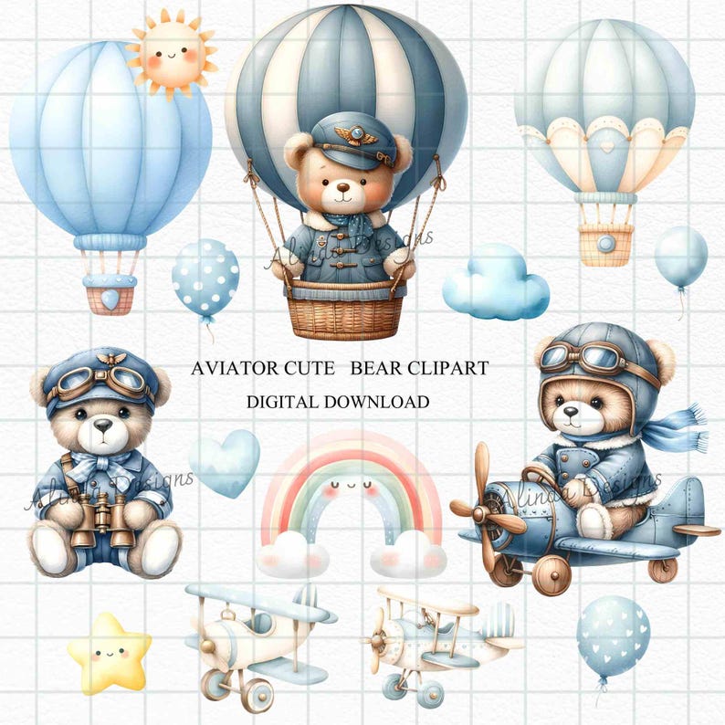 Watercolor Aviator Bear Clipart: Pilot Teddy Bear PNG (digital Download ...