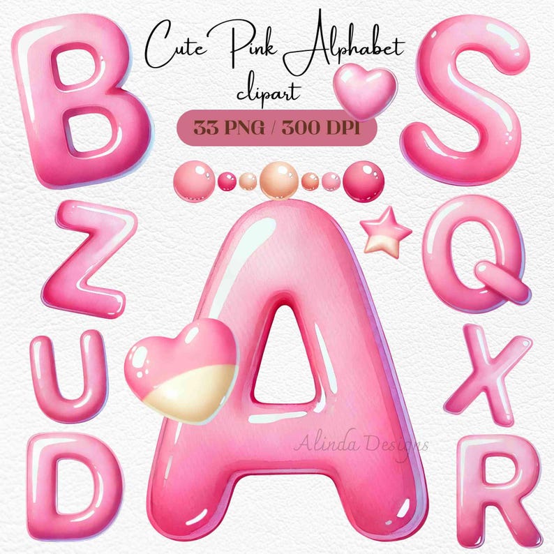 Cute Pink Alphabet Clipart, Pastel Pink Letters, Kawaii Font, Party ...