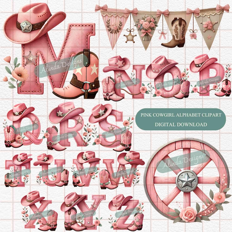 Pink Cowgirl Alphabet Clipart: Western Font PNG Download for ...