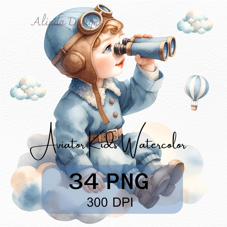 Aviator Kids Watercolor Clipart Set, Vintage Airplane Pilot Clipart ...