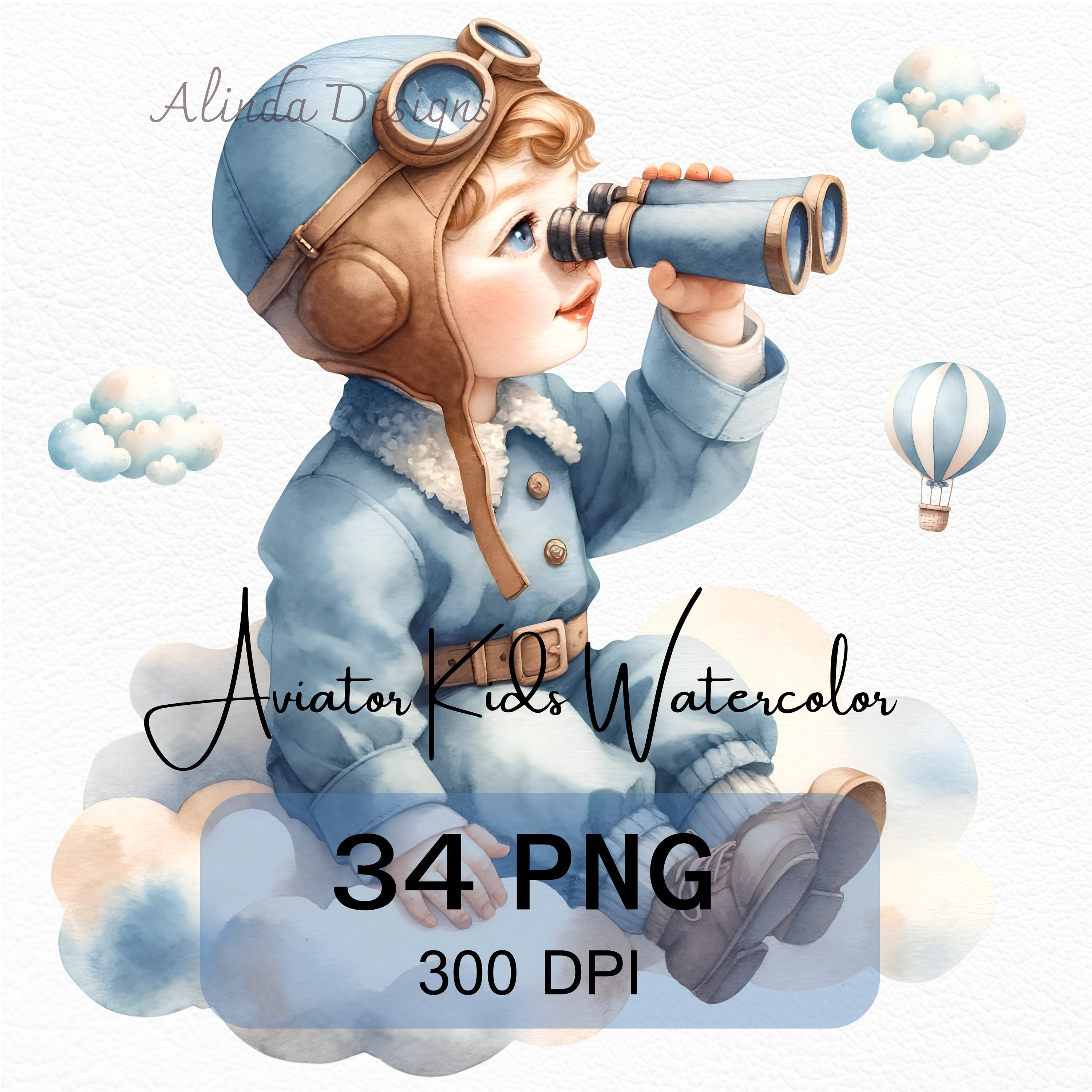 Aviator Kids Watercolor Clipart Set, Vintage Airplane Pilot Clipart ...