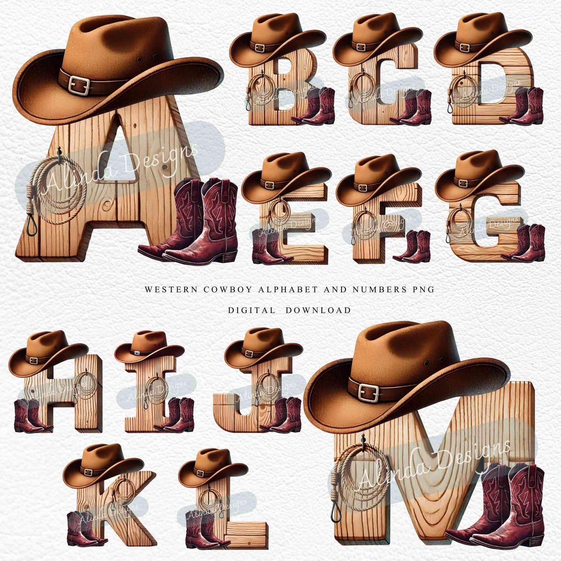 Western Cowboy Alphabet and Numbers PNG, Rustic Rodeo Letters & Numbers ...