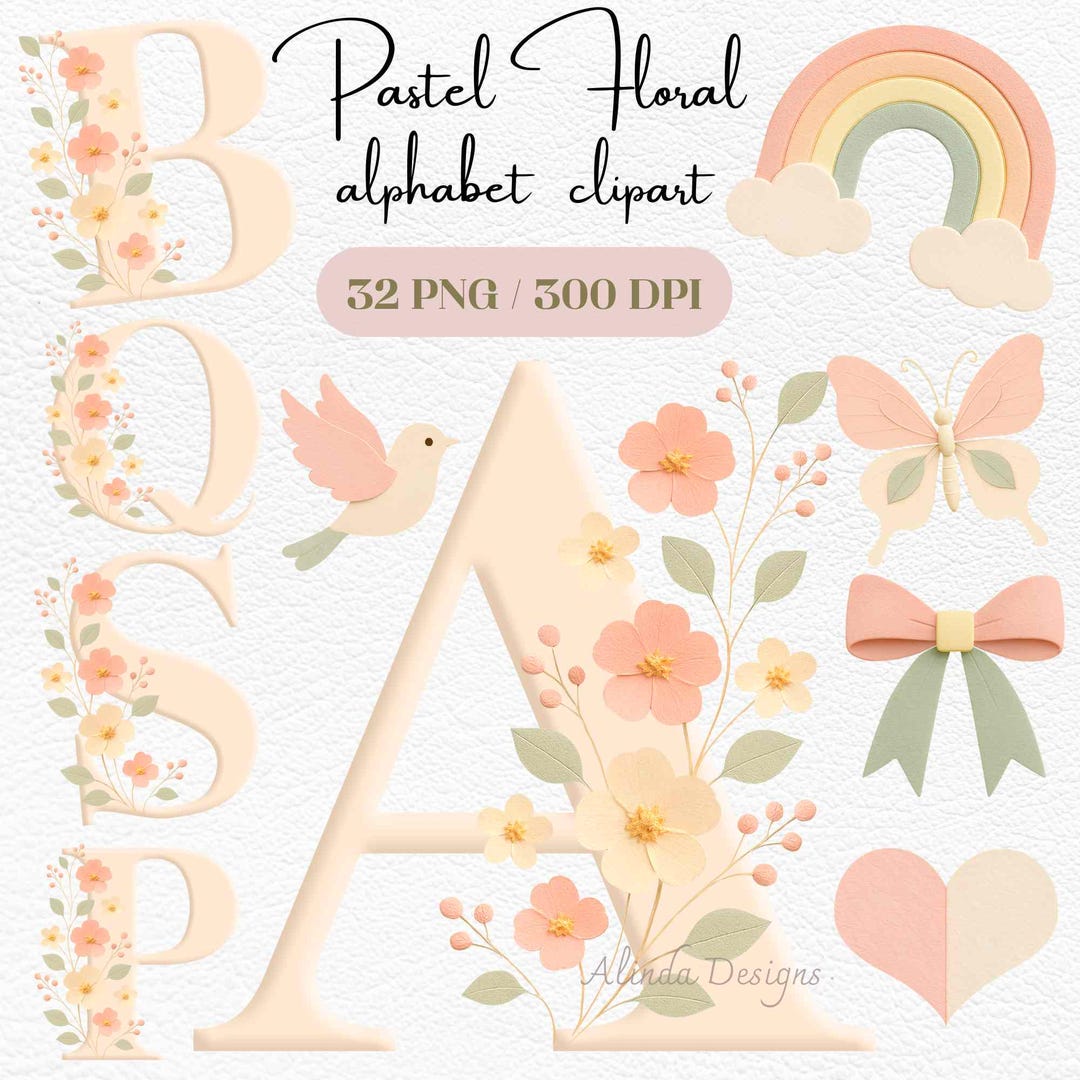 Pastel Floral Alphabet Clipart, Soft Spring Letters PNG, Baby Shower ...