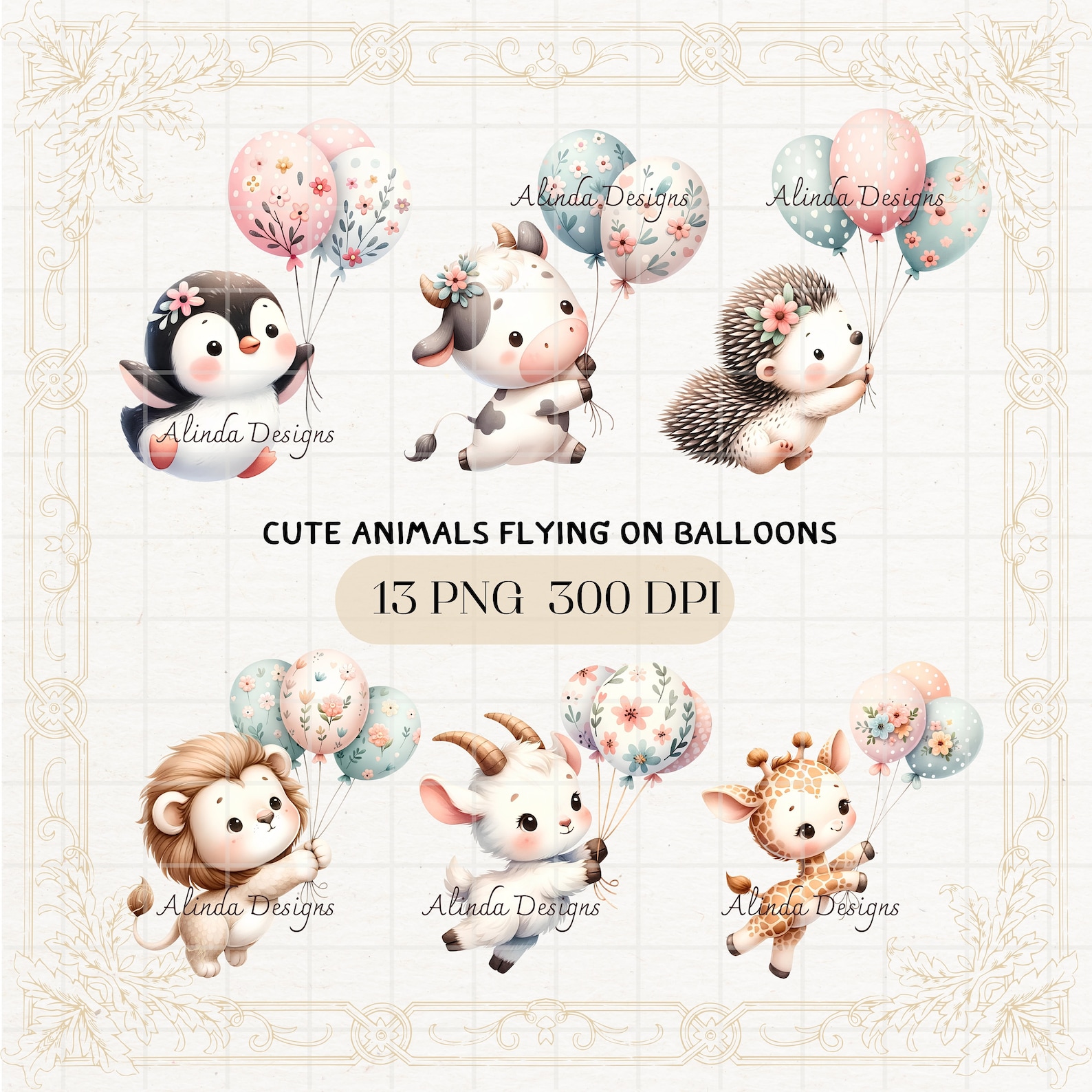 Cute Animal Balloon Clipart, Cute Flying Critters, Nursery Decor Art ...