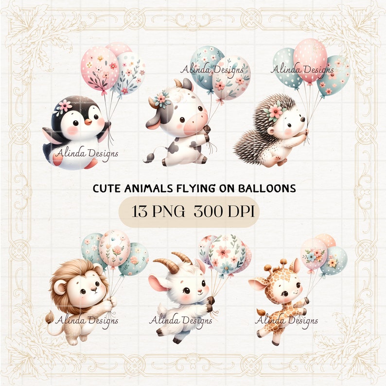 Cute Animal Balloon Clipart, Cute Flying Critters, Nursery Decor Art ...