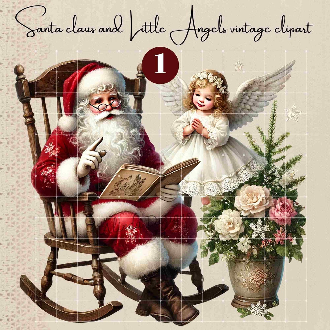 Vintage Santa Claus and Little Angels Clipart, Retro Christmas Download ...