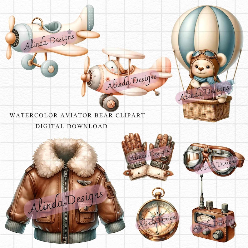 Watercolor Aviator Bear Clipart: Pilot Teddy Bear Graphics (PNG) - Etsy