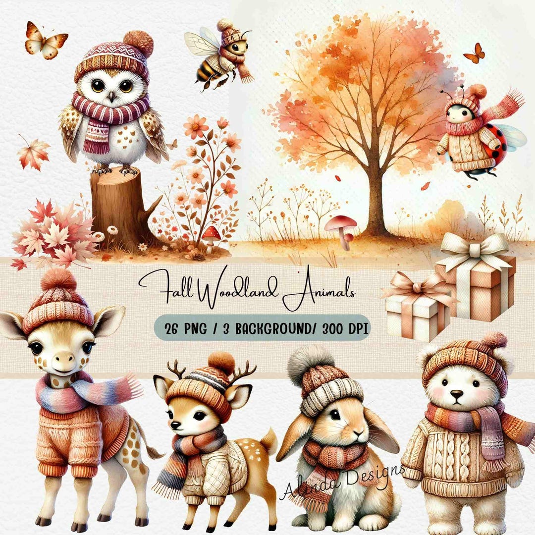 Fall Woodland Animals Clipart: Watercolor Autumn PNG (digital Download ...
