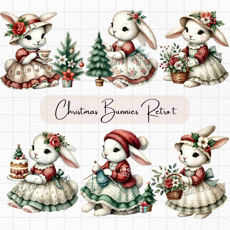 Vintage Christmas Bunnies Clipart: Retro Holiday Illustrations (digital ...